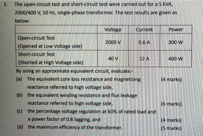 Solved 1. The open-circuit test and short-circuit test were | Chegg.com