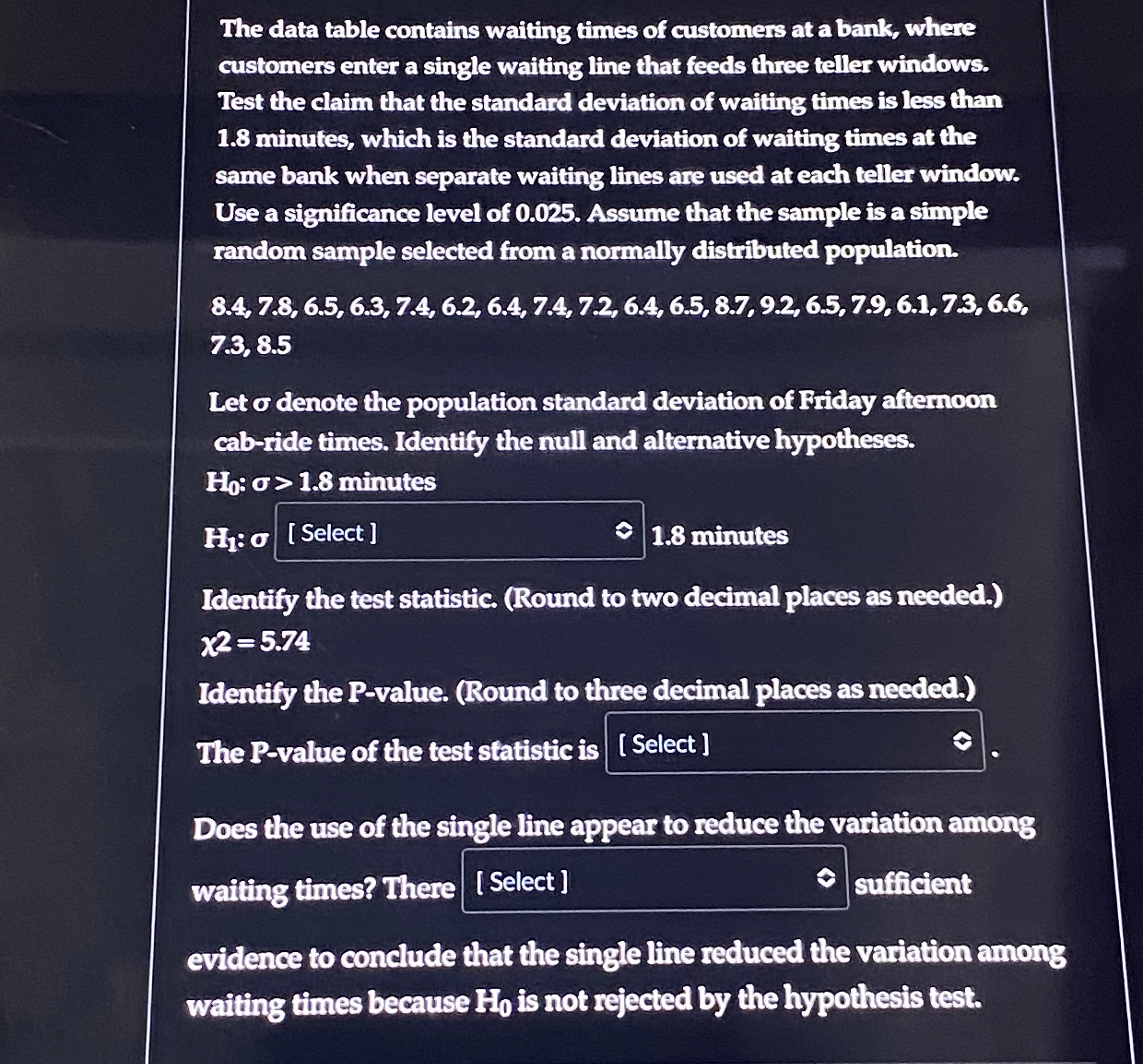 Solved The data table contains waiting times of customers at | Chegg.com
