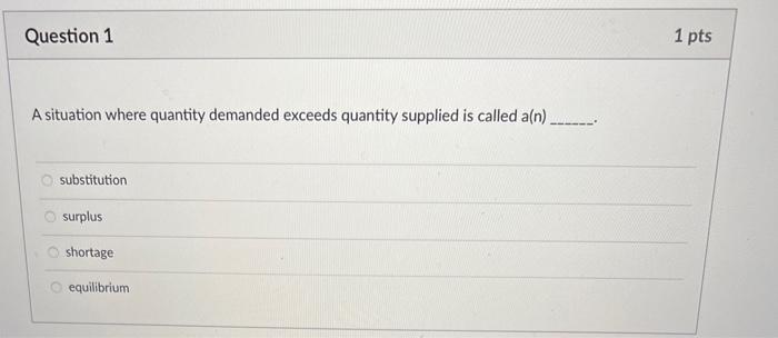 Solved Question 1 1 pts A situation where quantity demanded | Chegg.com