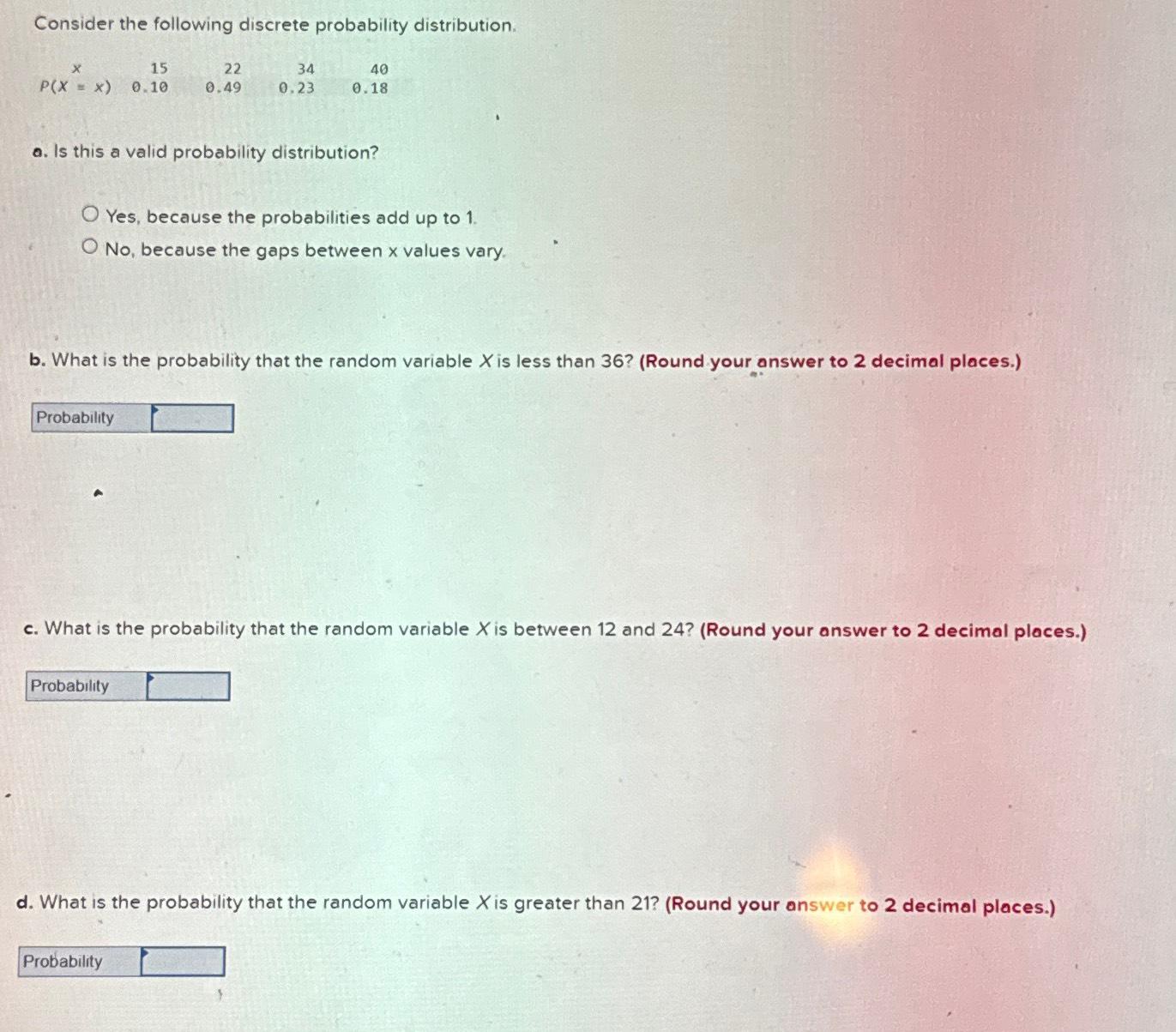Solved Consider the following discrete probability | Chegg.com