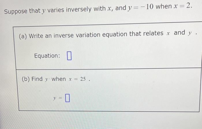 Solved Suppose that y varies inversely with x, and y=−10 | Chegg.com