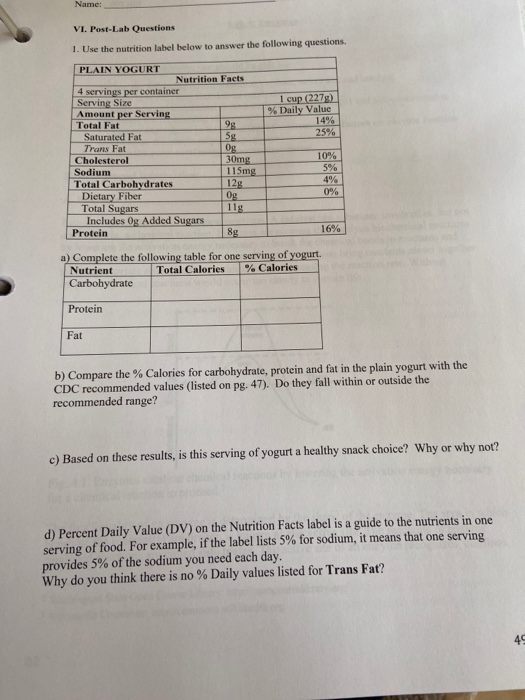 Name: VI. Post-Lab Questions 1. Use the nutrition | Chegg.com