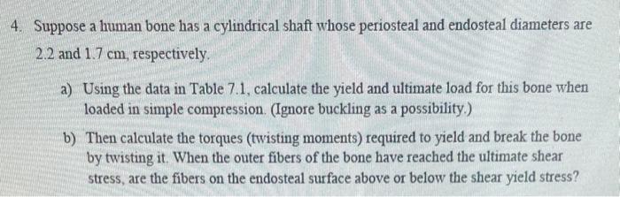 Solved 4. Suppose a human bone has a cylindrical shaft whose | Chegg.com
