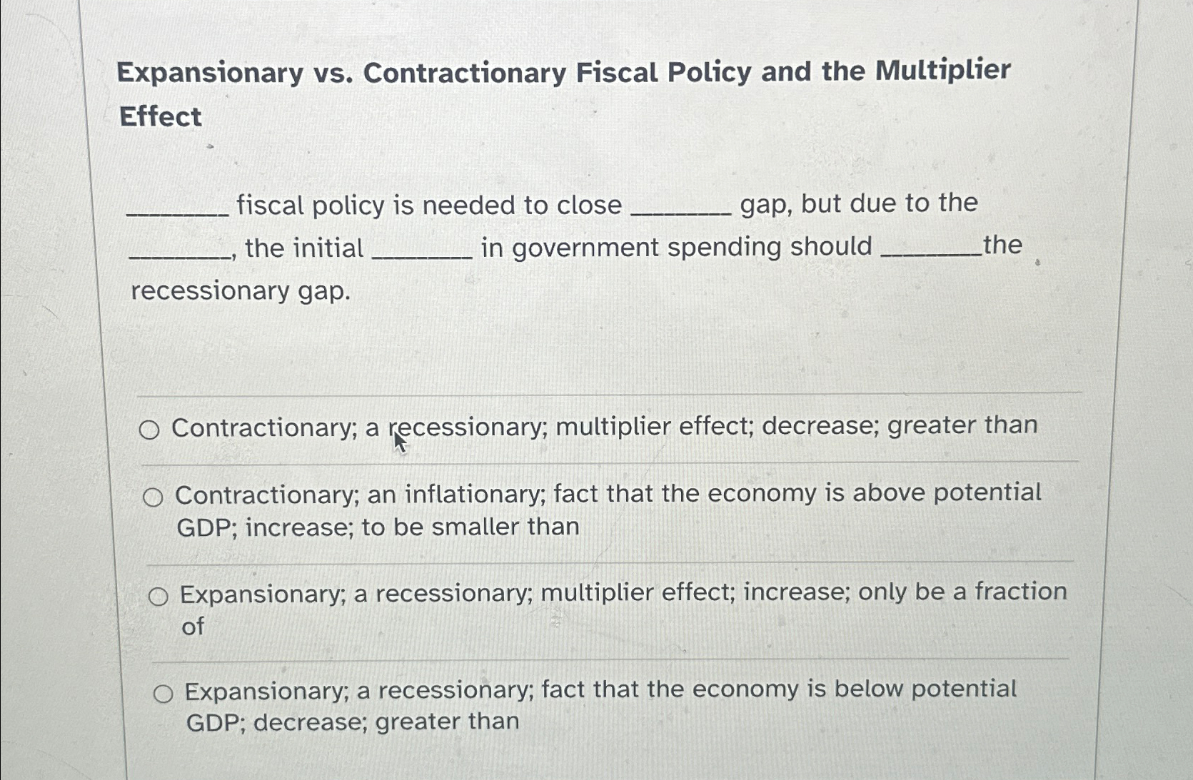Solved Expansionary vs. ﻿Contractionary Fiscal Policy and | Chegg.com