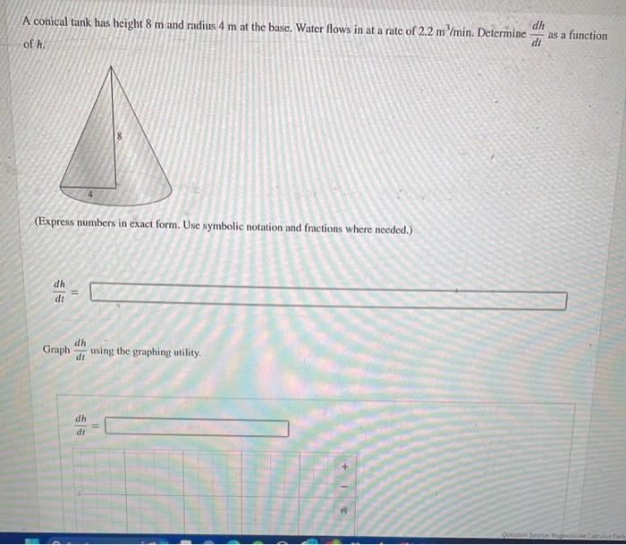 Solved A conical tank has height 8 m and radius 4 m at the | Chegg.com