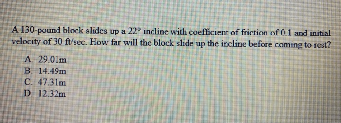 Solved A 130-pound block slides up a 22° incline with | Chegg.com