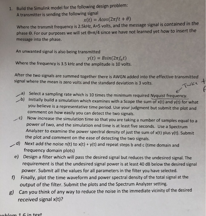 1. Build the Simulink model for the following design | Chegg.com