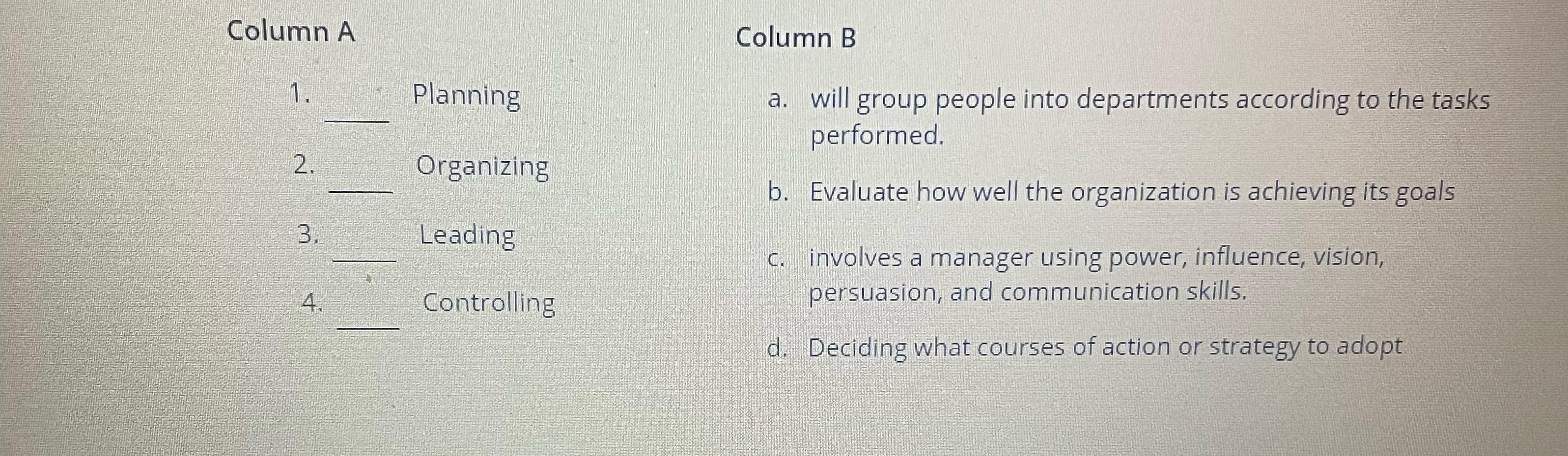Solved Column APlanningOrganizingLeadingControllingColumn | Chegg.com