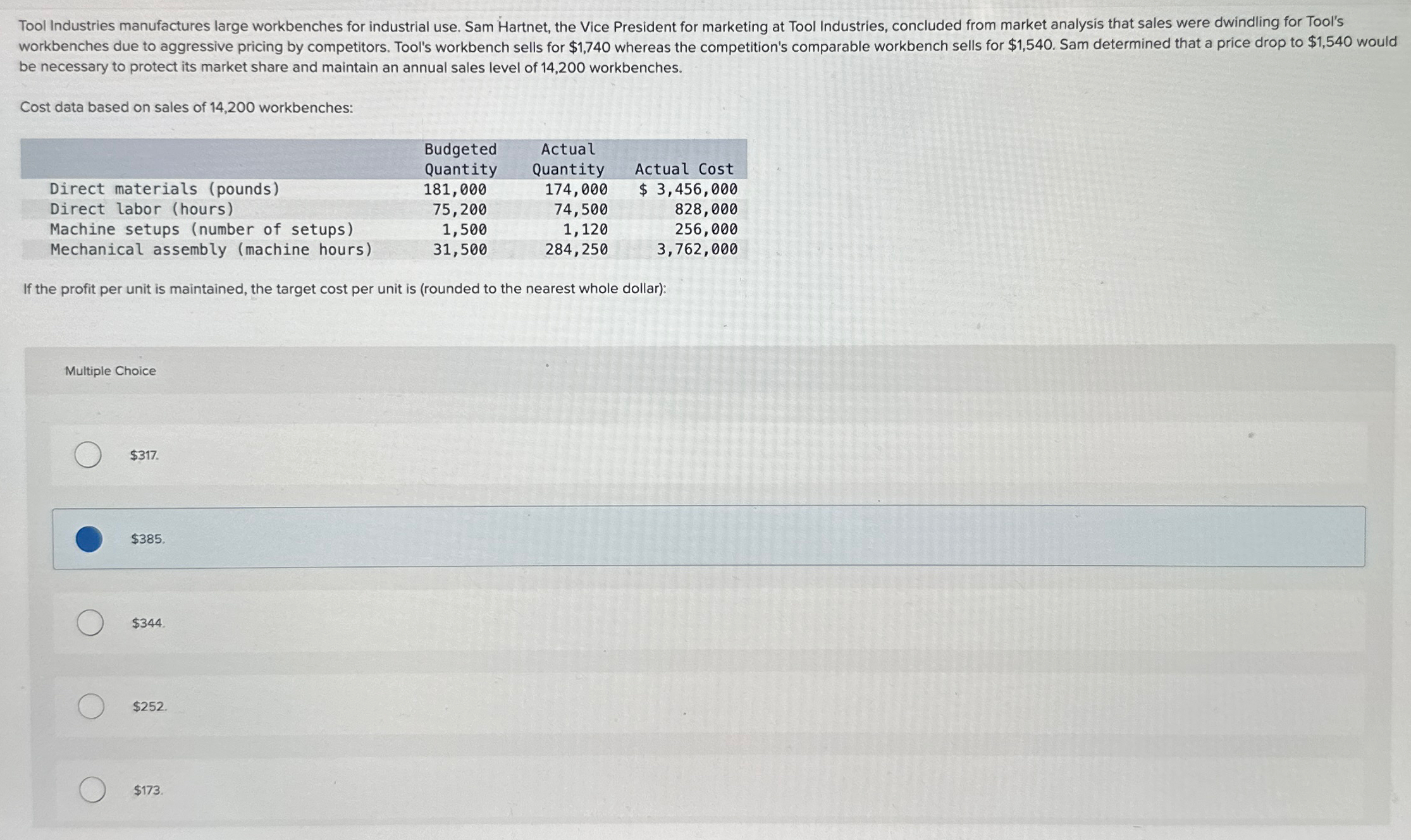 Solved Tool Industries manufactures large workbenches for | Chegg.com