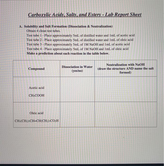 Solved Carboxylic Acids, Salts, and Esters - Lab Report | Chegg.com