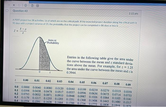 Solved Polivas XO B Question 43 A PERT project has 38 | Chegg.com