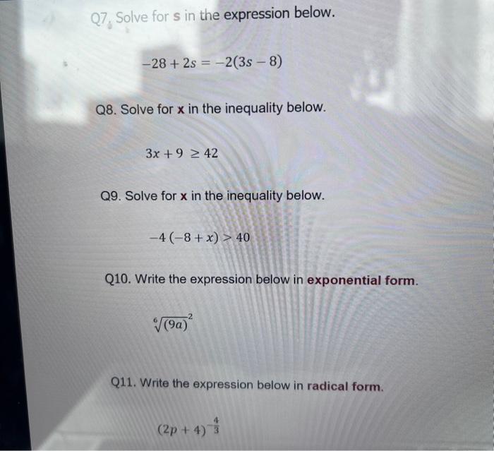 Solved Q7. Solve for s in the expression below. | Chegg.com