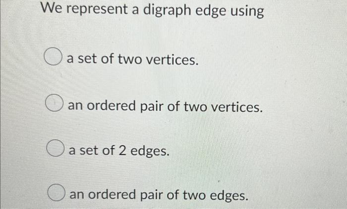 Solved We represent a digraph edge using O a set of two | Chegg.com