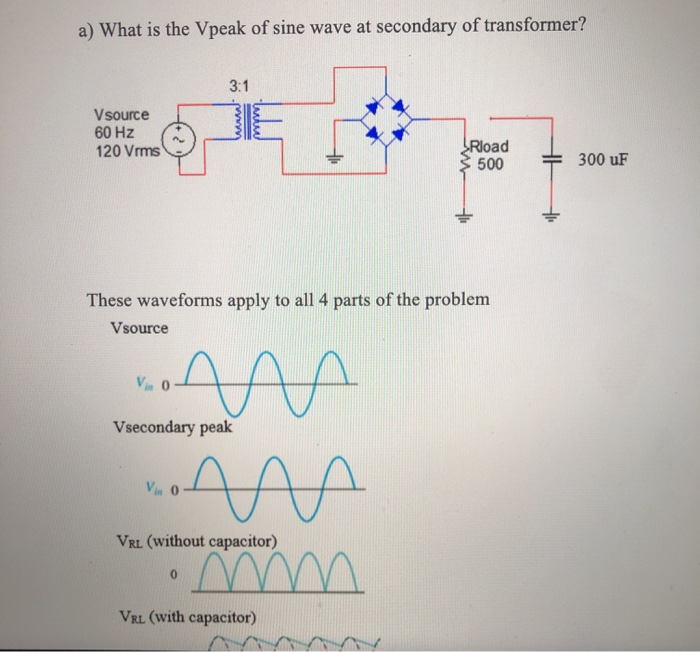 Solved a) What is the Vpeak of sine wave at secondary of | Chegg.com