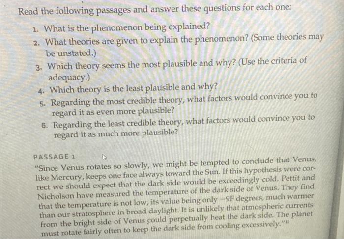 Read the following passages and answer these | Chegg.com