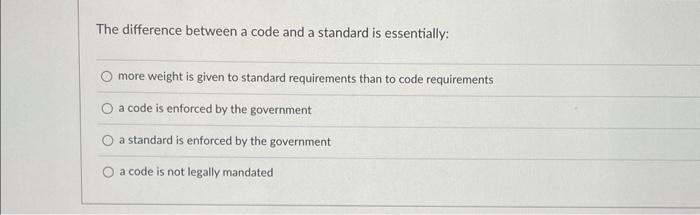 Solved The difference between a code and a standard is | Chegg.com