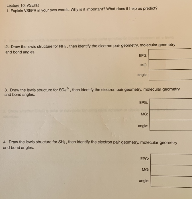 Solved Lecture 10: VSEPR 1. Explain VSEPR in your own words. | Chegg.com