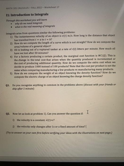 I1: Introduction to Integrals Through this worksheet | Chegg.com