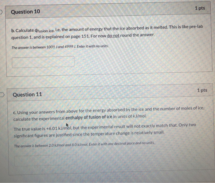 Solved Question 9 1 pts Part 2. Enthalpy of fusion of ice | Chegg.com