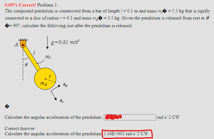 Solved 0.00% ﻿Correct! Problem 1:The compound pendulum is | Chegg.com