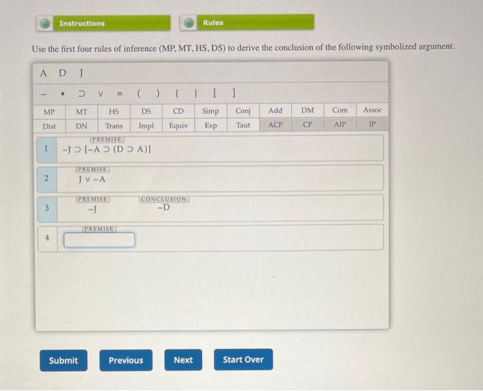 Solved Use the first four rules of inference (MP, MT, HS, | Chegg.com