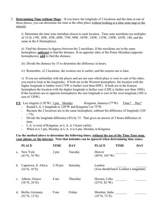 Solved 3. Determining Time without Maps - If you know the | Chegg.com