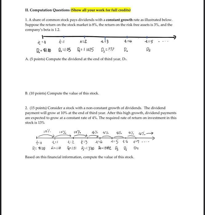 Solved II. Computation Questions (Show all your work for | Chegg.com
