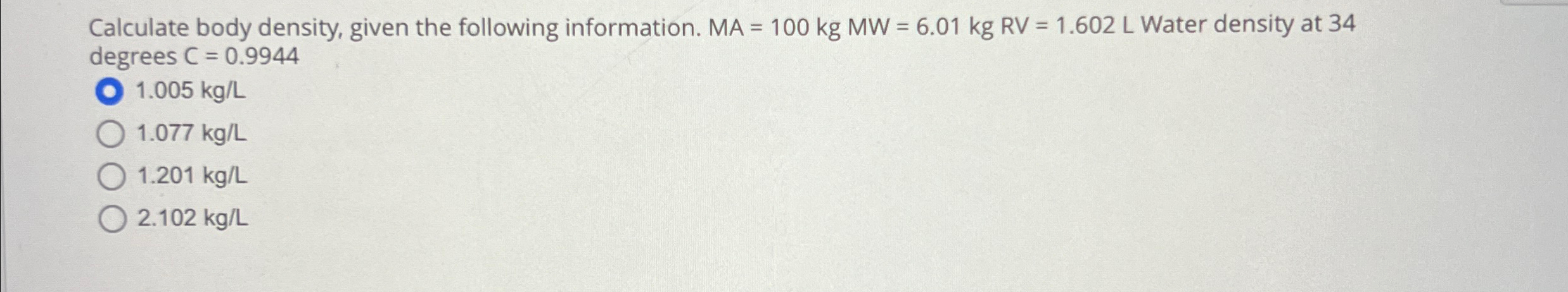 Solved Calculate body density, given the following | Chegg.com