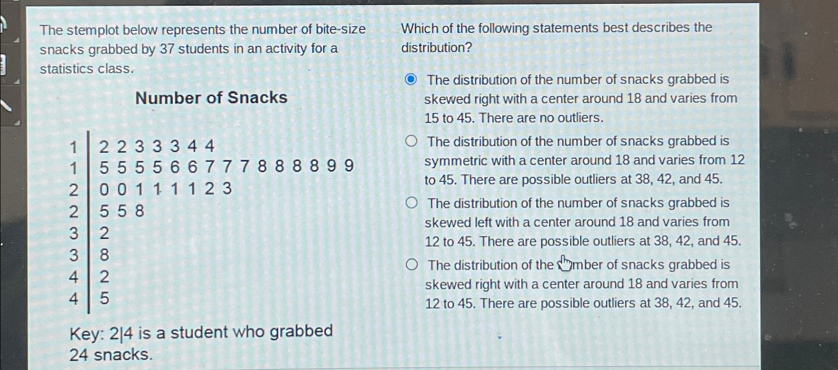 Solved The stemplot below represents the number of bite-size | Chegg.com