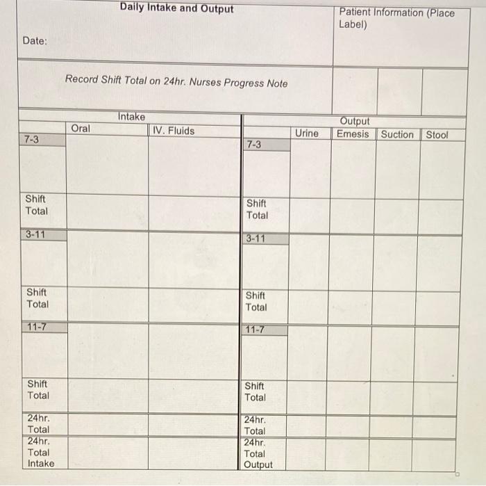 Solved Daily Intake and Output Patient Information (Place | Chegg.com