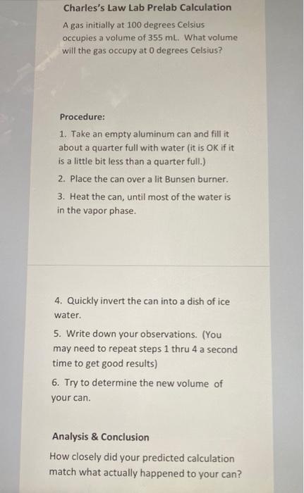 Solved Charles's Law Lab Prelab Calculation A gas initially | Chegg.com