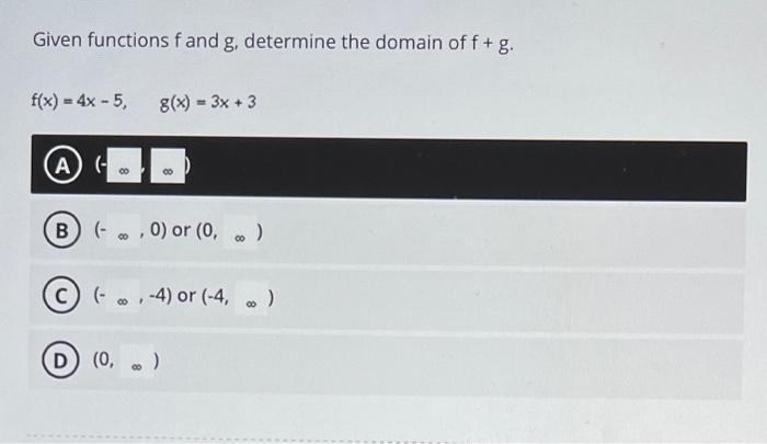 Solved Given functions f and g, determine the domain of f+g. | Chegg.com
