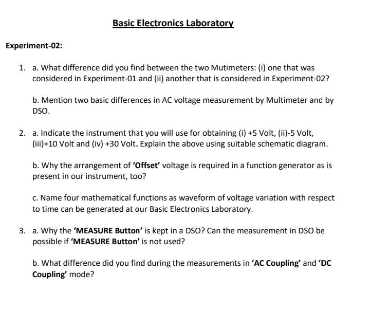 Solved Basic Electronics Laboratory Experiment-02: 1. a. | Chegg.com