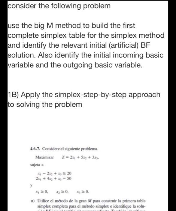 Solved consider the following problem use the big M method | Chegg.com
