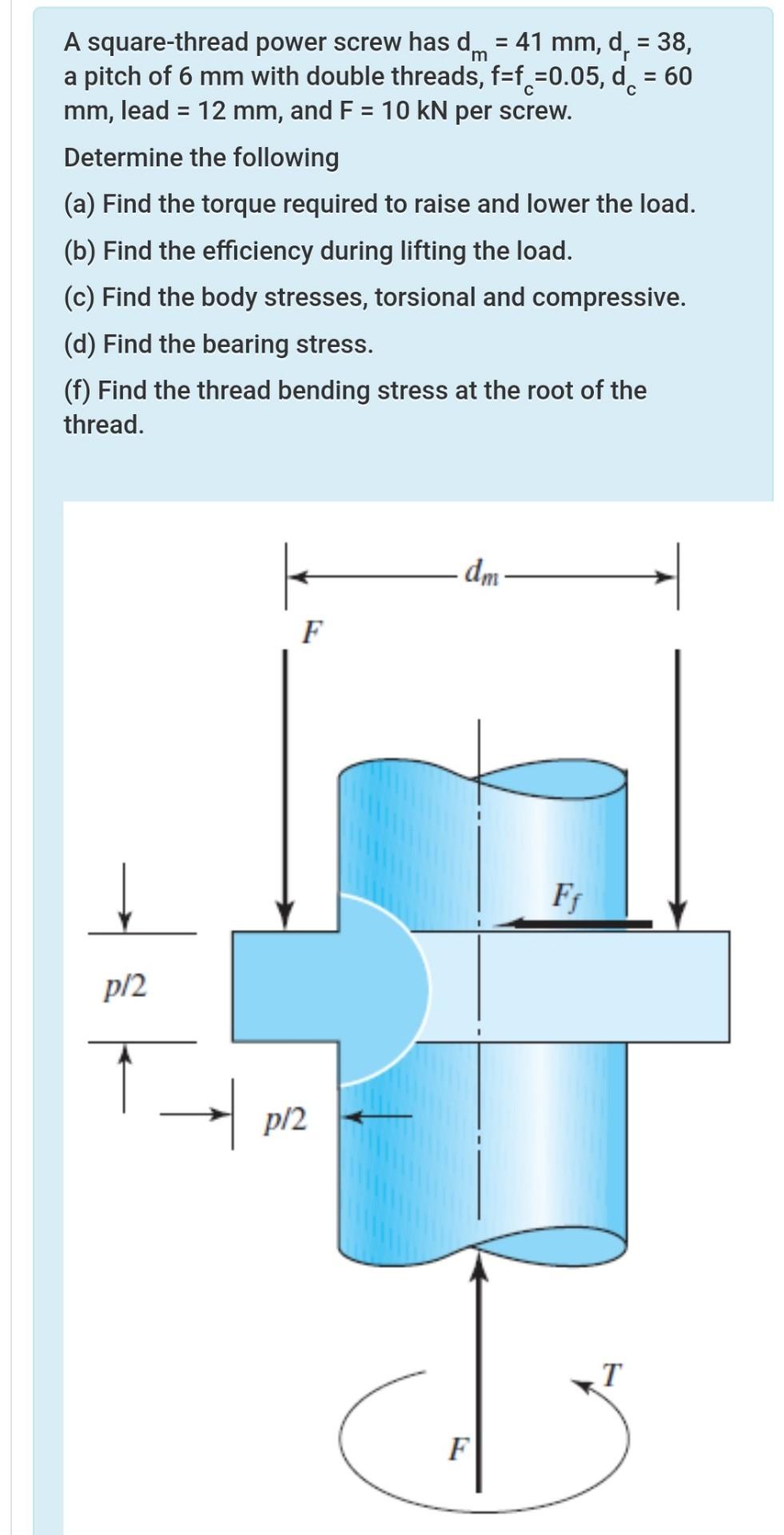 Solved A square-thread power screw has dm = 41 mm, d, = 38, | Chegg.com