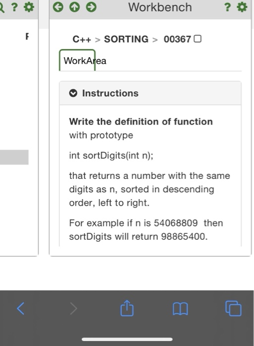 Solved R? $ Workbench ? * F C++ > SORTING > 00367 0 WorkArea | Chegg.com