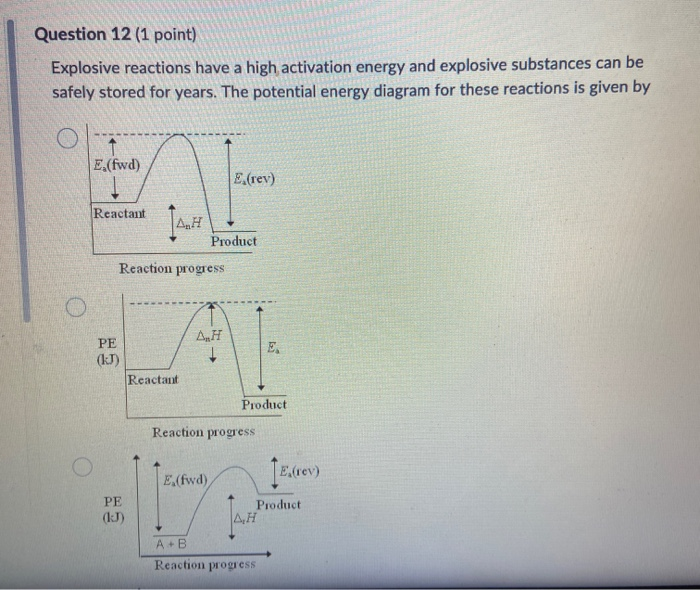 Solved Question 12 (1 point) Explosive reactions have a high | Chegg.com