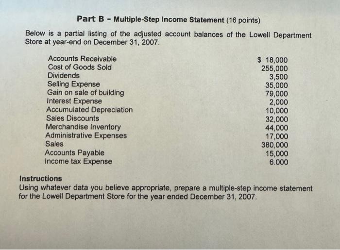 Solved Part B - Multiple-Step Income Statement (16 points) | Chegg.com