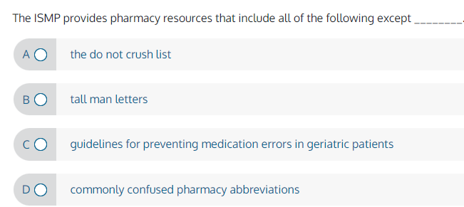 Solved The ISMP provides pharmacy resources that include all | Chegg.com