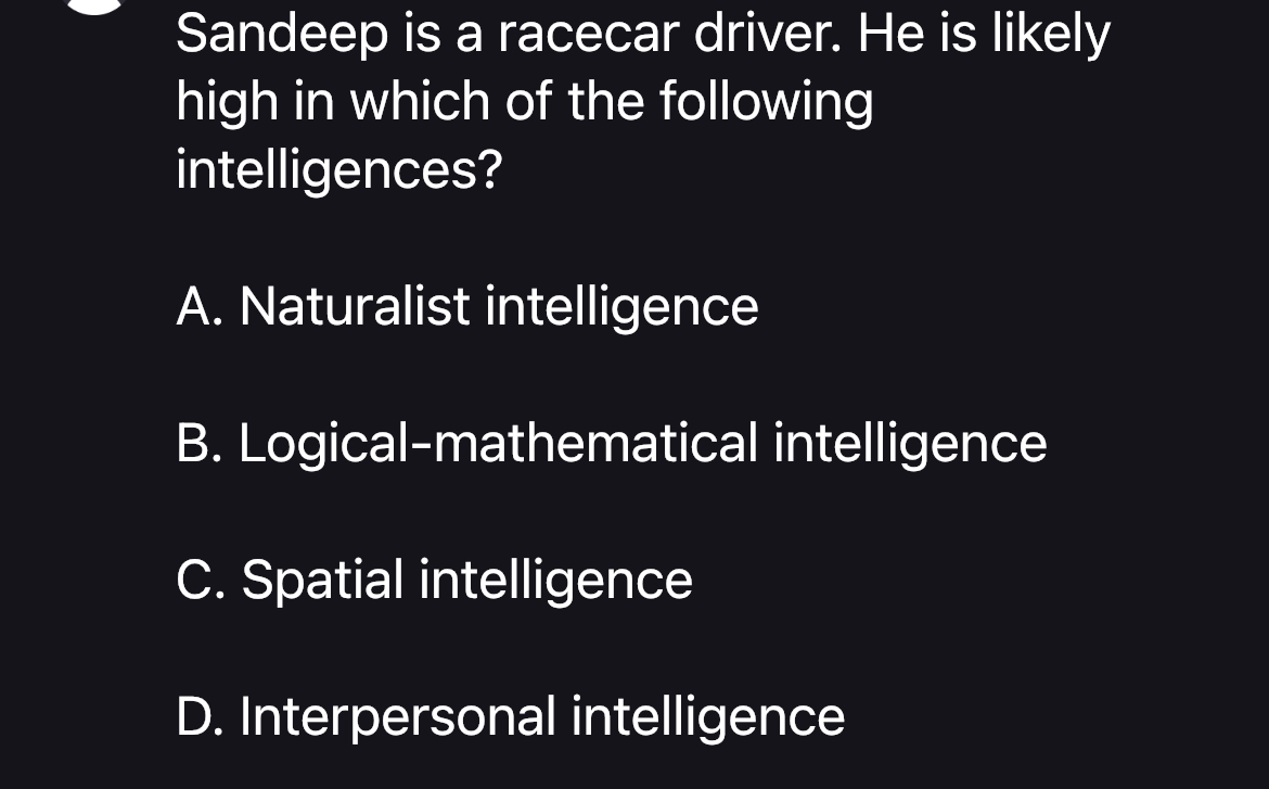 Solved Sandeep is a racecar driver. He is likely high in | Chegg.com