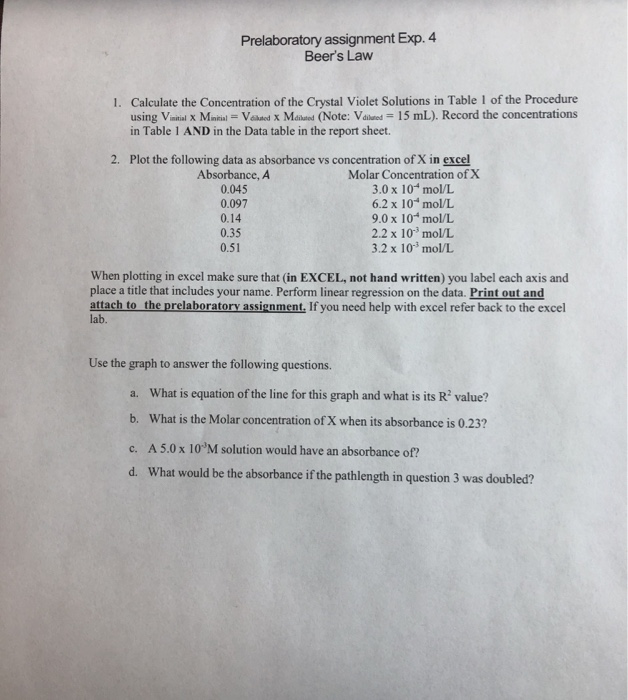 Solved Prelaboratory assignment Exp. 4 Beer's Law 1. | Chegg.com