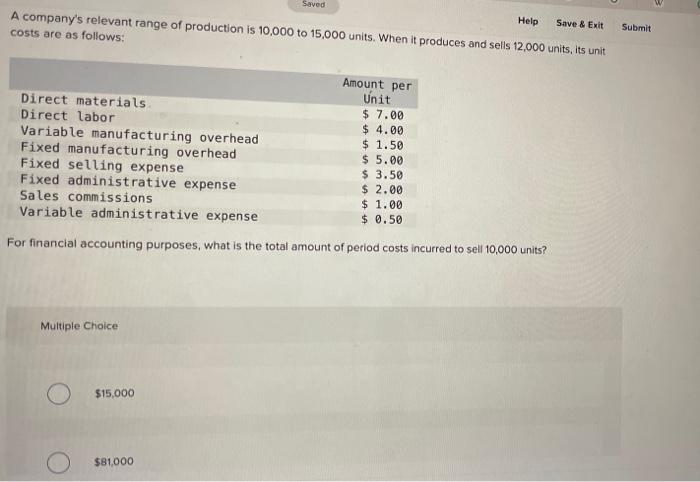 Solved A company's relevant range of production is 10,000 to | Chegg.com