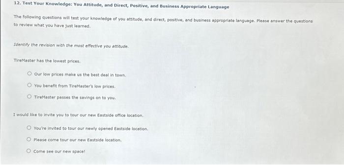 12. Test Your Knowledge: You Attitude, and Direct, | Chegg.com