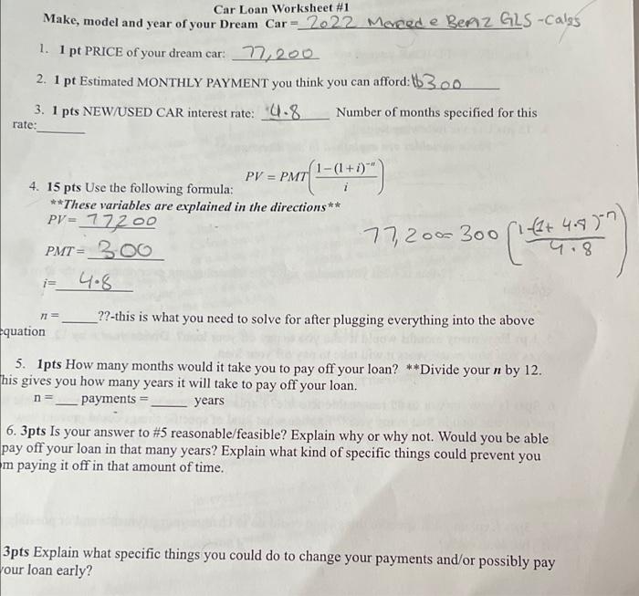 Solved Car Loan Worksheet #1 Make, model and year of your | Chegg.com