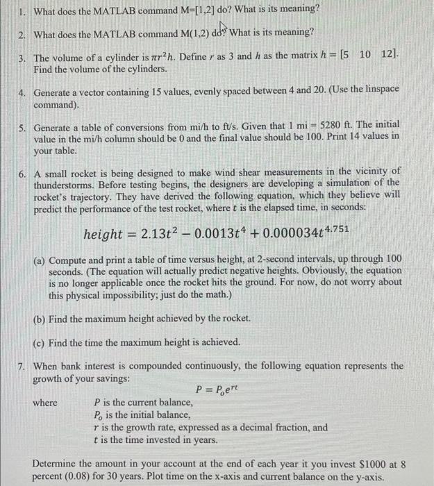 Solved 1. What does the MATLAB command M=[1,2] do? What is | Chegg.com