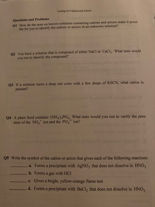 Solved Testing for Cations and Anions 1. Unknown solution | Chegg.com
