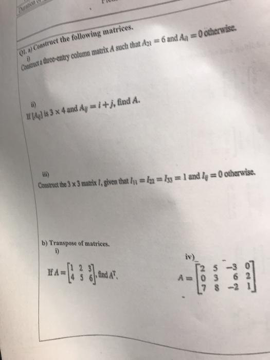 Solved 01. a) Cinstruct the following matrices. Cosenet a | Chegg.com