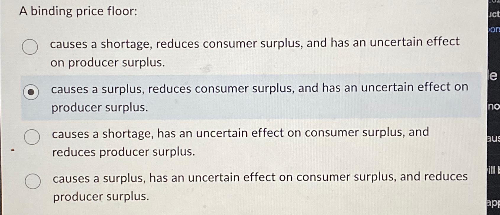 Solved A binding price floor:causes a shortage, reduces | Chegg.com