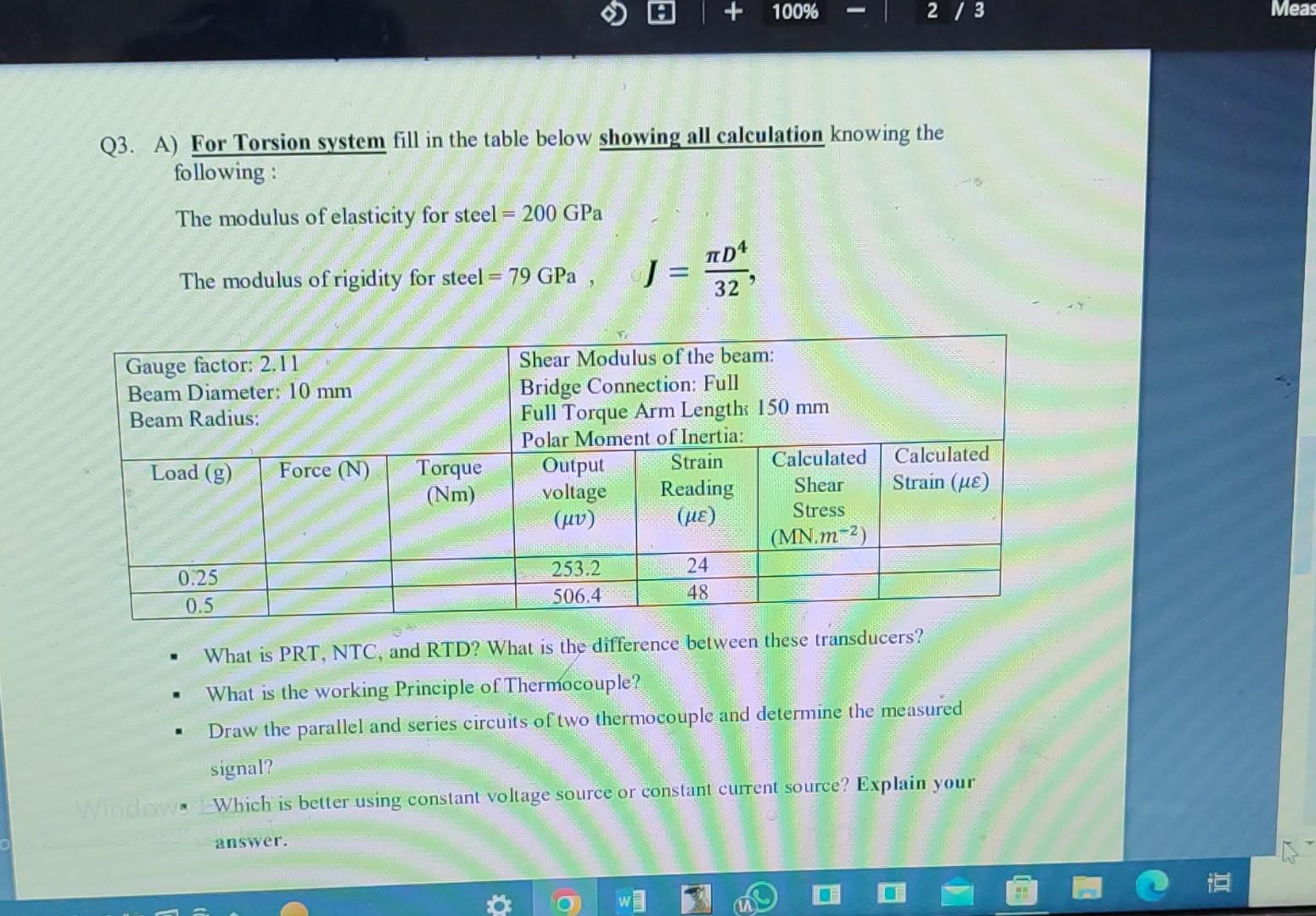 Solved Q3. A) For Torsion system fill in the table below | Chegg.com