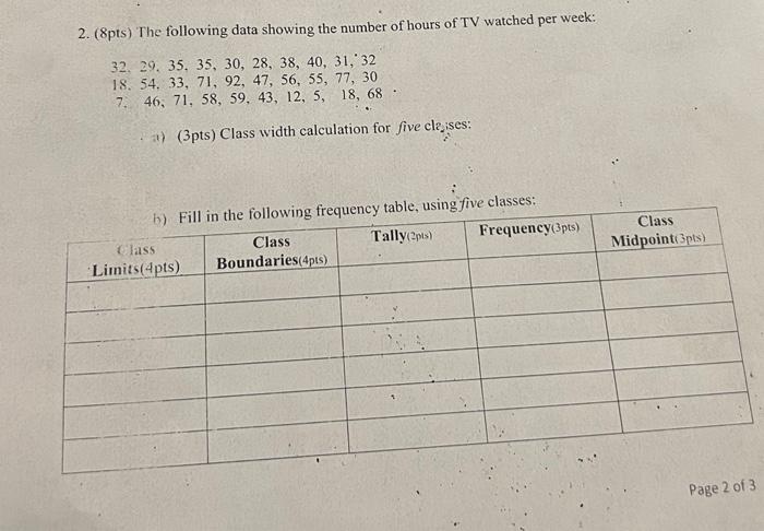 Solved 2. (8pts) The following data showing the number of | Chegg.com